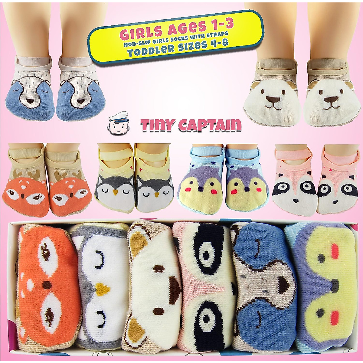 Baby Toddler Girls Grip Socks Non-Slip Gripper Socks Anti Slip Strap Socks 1-3 Year Old Gift Gripper Socks Animal Cartoon Little Girl Yoga Socks