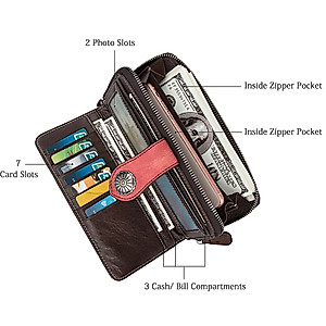 LETEULO Women's Leather Wallet Vintage Clutch Wallets Card Organizer Purse with Clutch Strap (Red)