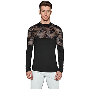 WDIRARA Men's See Through Floral Lace Mock Neck Long Sleeve Casual Tee Shirt Top Black XL