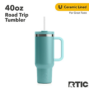RTIC 40 oz Road Trip Tumbler Double-Walled Insulated Stainless Steel Portable Travel Coffee Mug Cup with Lid, Handle and Straw, Ceramic-Lined, Lagoon
