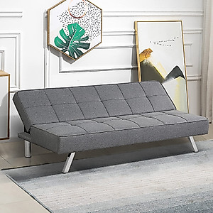 POWERSTONE Convertible Futon Sofa Bed Linen Small Couch Fabric Folding Sleeper Sofa for Living Room Furniture Set with Chrome Legs Gray