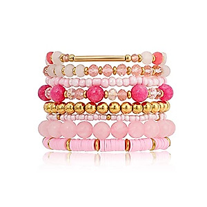 IDEAJOY 8 Pcs Pink Bracelet for Women, Bohemian Multi-Layer Beaded Stacking Summer Pink Bracelets Barbie Jewelry Gifts, Strand Stretch Sparkly Crystal Beads Wrap Slip-on Cuff Bangle Bracelet Set Gift