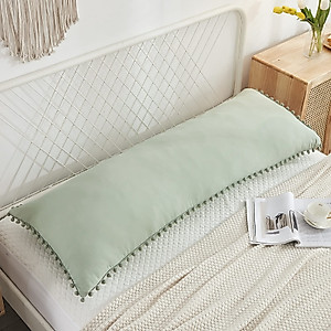 MOVE OVER Sage Green Body Pillow Cover 20x54 Inches Cute Pom Poms Decorated Body Pillow Cover Soft Washed Microfiber Boho Body Pillow Cover with Pocket Closure, Pack of 1