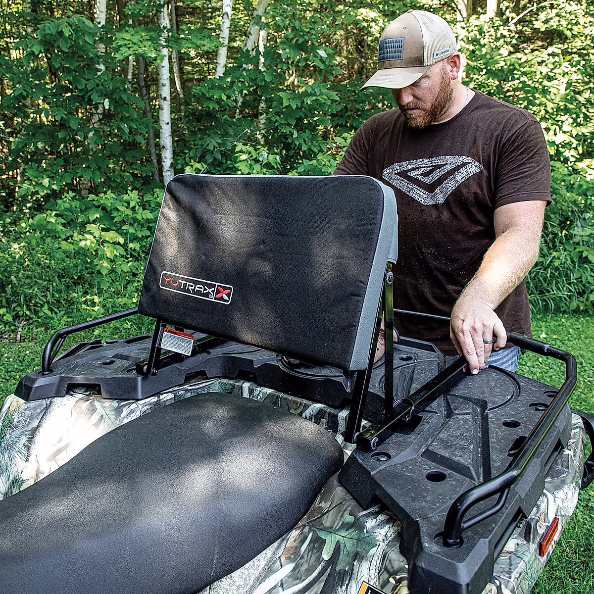 Yutrax® Universal Mount ATV Backrest, Heavy-Duty Steel Seat Frame, Adjustable Seat Back Positions, 2” Thick Cushion, Folds Down Flat When Not in Use