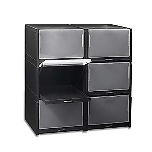 AJP Distributors 6-Pack Push-Pull Drawer Type Stackable Shoe Storage Container Box Organizer with 120° Lids for Home Closet & Entryway Sneakers Shoes Cabinet Bins Transparent Plastic Boxes Set (Black)