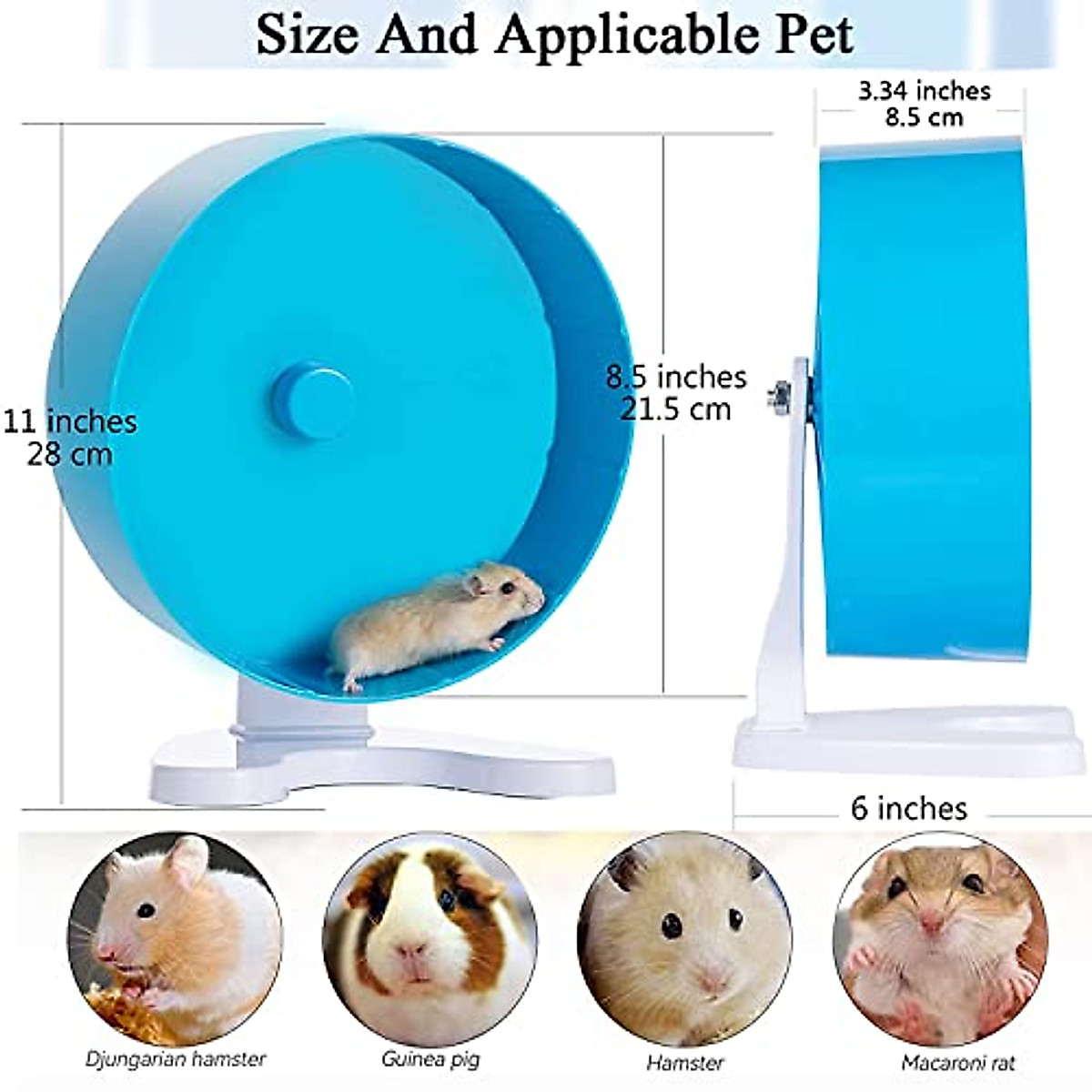 8.5 in Silent Hamster Wheel for Syrian Hamster Exercise Wheel & Quiet Hamster Running Spinner Wheel with Stable Stand for Hedgehog, Gerbils, Mice, Dwarf Hamster and More Small Pets, Blue