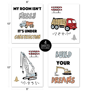 Sweet Jojo Designs Construction Truck Wall Art Prints Room Decor for Baby, Nursery, and Kids - Set of 4 - Grey Yellow Orange Red and Blue Transportation