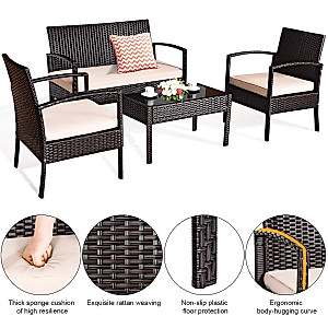 DORTALA 4 Piece Wicker Patio Furniture Set, Outdoor PE Rattan Conversation Set with Loveseat, Chairs & Coffee Table for Backyard Porch Garden Poolside Balcony