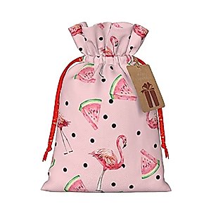 Drawstrings Christmas Gift Bags Summer-Flamingo-Watermelon Presents Wrapping Bags Xmas Gift Wrapping Sacks Pouches Medium
