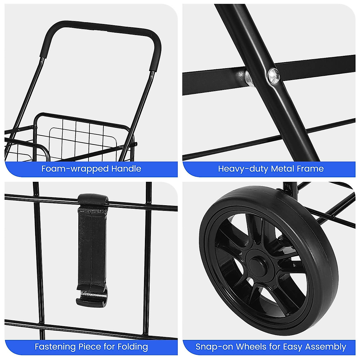 COSTWAY Folding Shopping Cart, Heavy Duty Grocery Utility Cart with Foam Wrapped Handle & Large Wheels, Versatile Rolling Cart with 22 Gal Metal Basket for Warehouse, Supermarket & Laundry