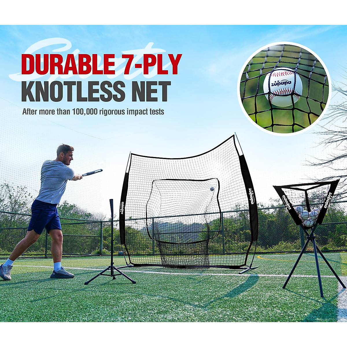 Zupapa Baseball Softball Practice Combo - 7 X 7 Feet Net Tee Caddy 12 Pack Baseballs Set, Upgraded Vivid Strike Zone, Baseball Backstop Practice Net for Hitting Pitching Batting Catching (Black)