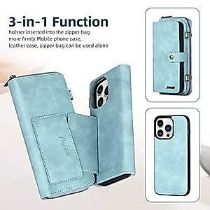 QIXIU for iPhone 16 Pro Wallet Case[13 Card Slots]:Multi-Function,Detachable 3 in 1,Flip Strap Zipper Card Holder Phone Case with Shoulder Straps(Blue)