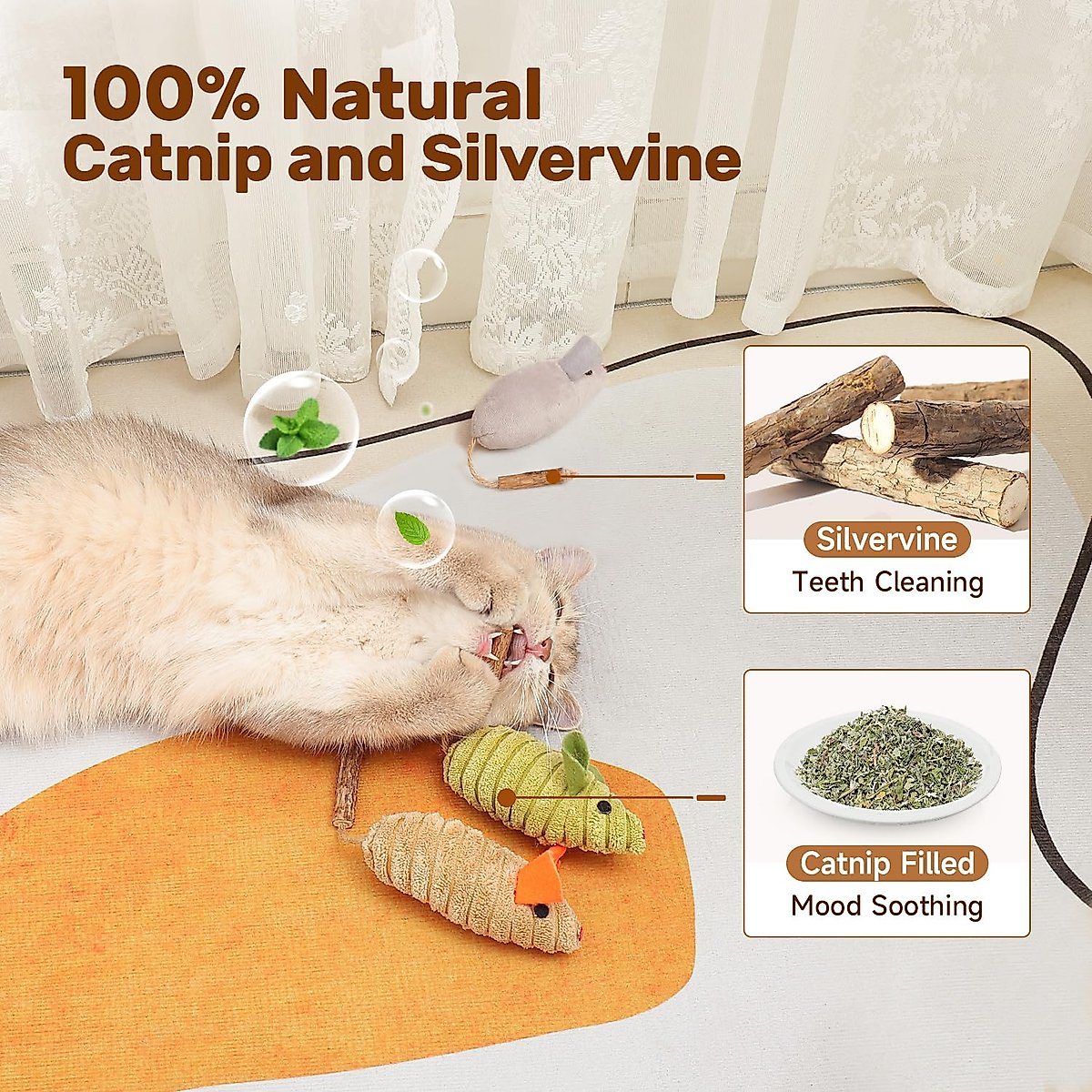 Potaroma Cat Toys 3Pcs Squeak Mice, Interactive Catnip Silvervine Animals Toys for Indoor Kittens, Dental Matatabi Cat Nip Chirping Toy, Cat Chew Exercise Toy for All Breeds and Species