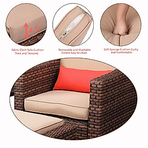 fuhan 5 PCS Outdoor Lounge Chair Chat Conversation Set - All-Weather PE Wicker Cushioned Patio Chairs Set of 2 with OttomansPillows & Double-Layer End Table, Brown, 74 x 67 x 76 cm