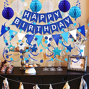 FECEDY Navy Blue Happy Birthday Paper Banner Flag Bunting Circle Confetti Garland Swirl Streamers Honeycomb Ball for Birthday Party Decorations