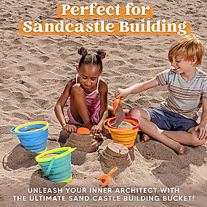 JOYIN 3 Packs Foldable Pail Bucket with Shovels & Mesh Bag, Collapsible Buckets Multi Purpose for Beach, Camping Gear, Beach Party, Fishing, and Fun Summer Activities (Yellow/Blue/Green)