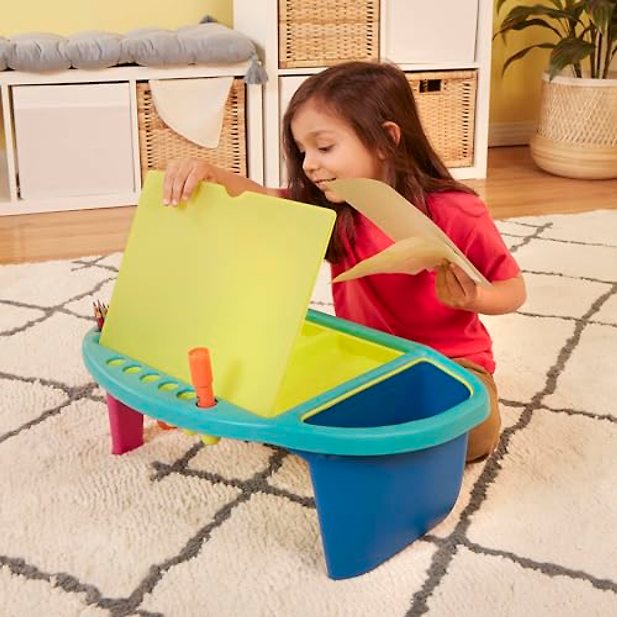 B. toys- Imagination Station- Creaitve Kids Lap Desk – Lap Desk for Art, Coloring, Writing – Portable Table with Storage Space – Reusable Sticker Set – 3 Years +