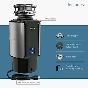 Moen GX100C Chef Series 1 HP Continuous Feed Garbage Disposal with Sound Reduction, Disposer Power Cord Included