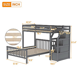 Harper & Bright Designs Gray Twin Over Full Bunk Beds with Staircase, Wooden L Shaped Bunk Beds for Kids, Twin Size Loft Bed with Storage Drawers and Full Platform Bed, No Box Spring Needed (Gray)