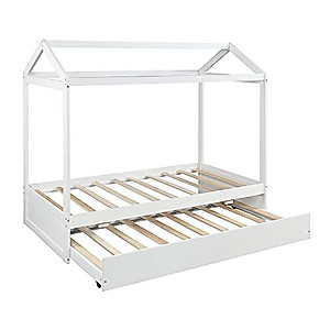 House Bed with Trundle for Kids and Toddlers, Wood Twin Size House Bed Frame, Can Be Decorated, White