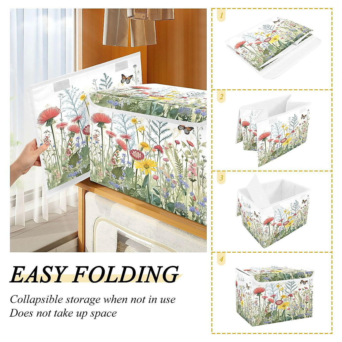 KEEPREAL Wildflowers Butterfly Storage Basket Bin with lid, Large Cube Storage Box Collapsible Storage Organizer for Home Office Closet - 16.5 L x 12.6 W x 11.8 H（51）