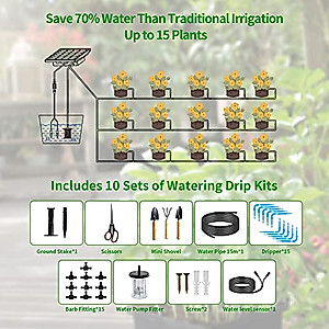 Solar Auto Drip Irrigation Kit System, Solar Powered Plants Watering System, Self Watering Devices Supported 15Pots with 6Timing Modes, Irrigation System for Indoor and Outdoor,Balcony Patio & Garden