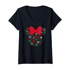 Womens Disney Minnie Mouse Icon Holiday Snowflakes V-Neck T-Shirt