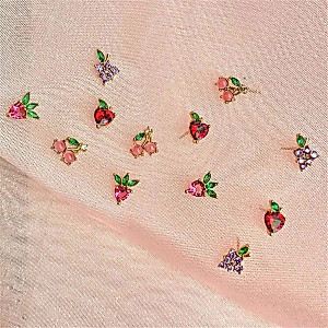 Nanafast Fruit Stud Earrings 18K Gold Plated Pineapple Grape Cherry Earrings Cubic Zirconia Stud Earrings Set for Women Fruit Jewelry Gifts 6 pairs