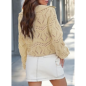 Dokotoo Comfy Lapel Collar Long Sleeve Knitted Pullover Sweaters for Women Sexy V Neck Crochet Fall Jumpers Tops Apricot Large