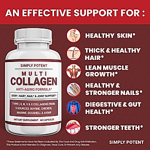 Multi Collagen Peptides Powder Pills, High Bioavailable Hydrolyzed Collagen Protein Supplement with 5 Collagen Types I, II, III, V, and X for Skin, Hair, Nail & Joint Support, 60 Capsules