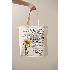 CHONG SHENG Gift for Daughter from Mom Daughter Birthday Inspirational Gifts for Daughter Graduation Christmas, Canvas Tote Bag with Pocket, Reusable Shopping Grocery Bag for Shopping Travel