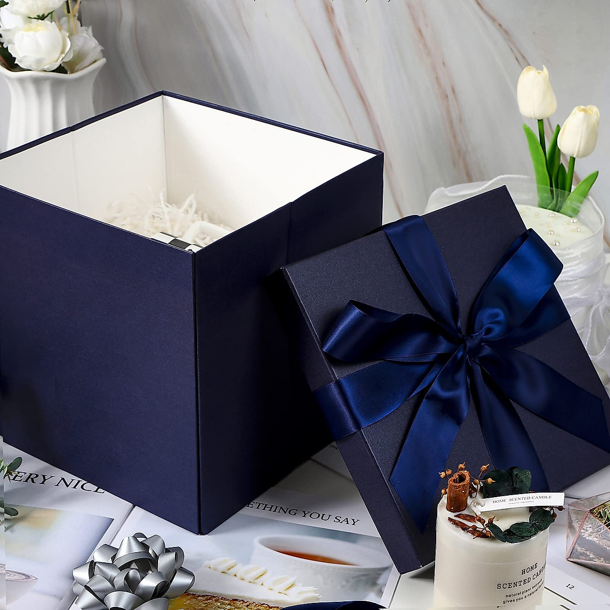 RUSPEPA Medium Birthday Gift Box with Lids, Ribbon and Tissue Paper, Collapsible Gift Box - 1 Pcs, 10x10x10 Inches, Navy Blue