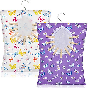 Whaline 2 Pcs Clothespin Bag with Hanging Hook Watercolor Butterfly Laundry Clothes Pin Holder Waterproof Clothespin Storage Organizer with Large Opening for Outdoor Wardrobe Laundry Room, 15 x 11Inch