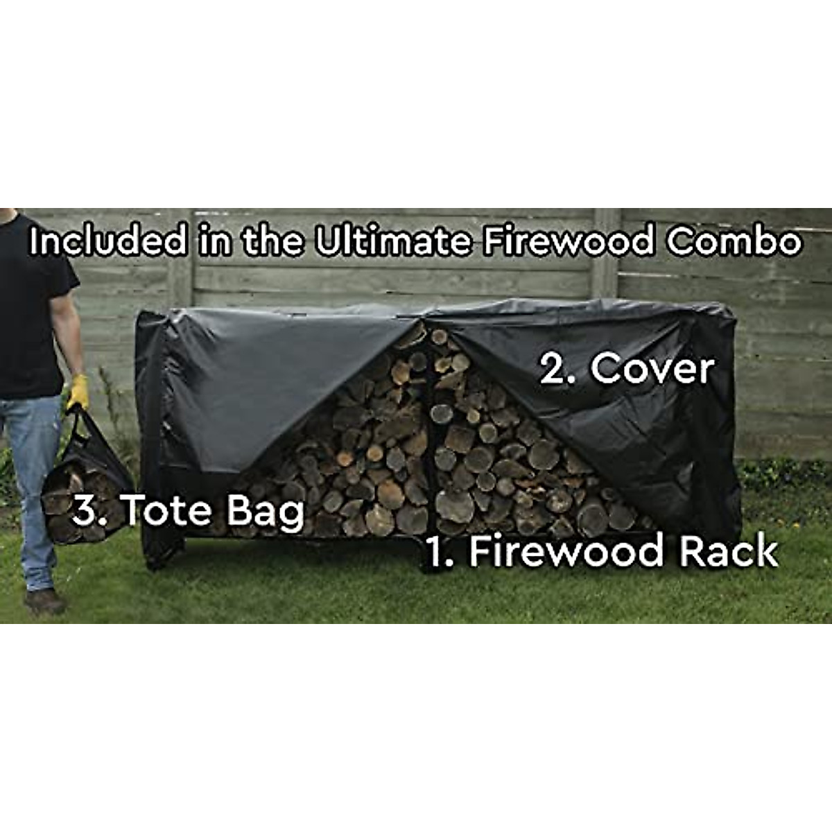 BLUEHOME 8ft Heavy Duty Indoor Outdoor Firewood Storage - Log Rack with Waterproof Cover and Log Carrier Combo – Black Steel Tubular Log Holder for Fire Pits and Fireplaces – Easy to Assemble