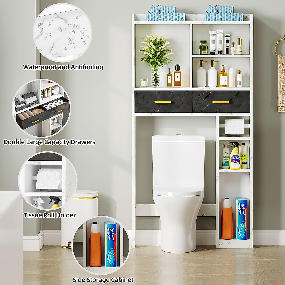 YITAHOME Over The Toilet Cabinet for Bathroom Storage, Above Toilet Storage with Drawers, Side Shelf, Tissue Reel, Over The Toilet Shelves Space Saver Cabinet for Bathroom Laundry Room, White