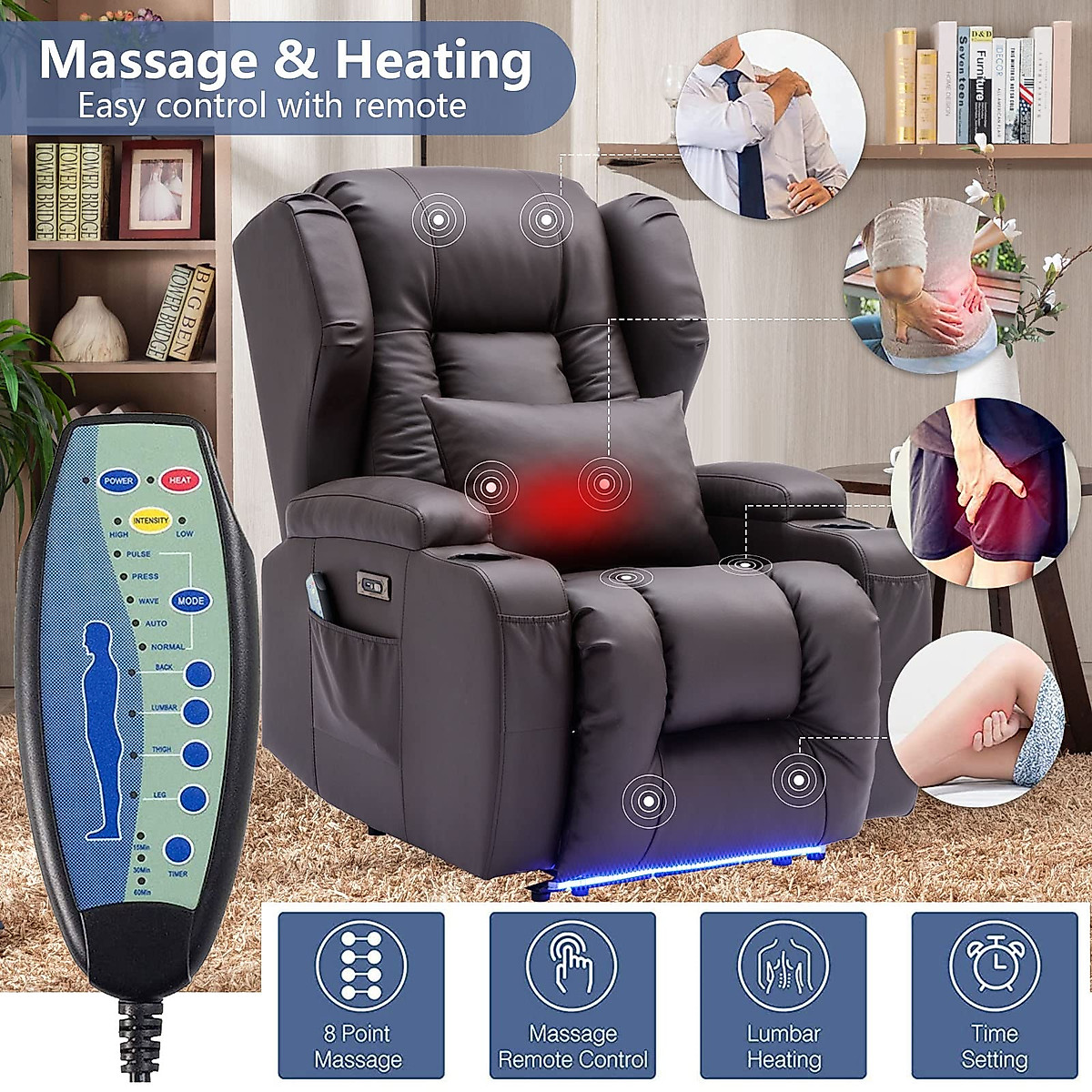 VUYUYU Power Recliner Chair with Heat and Massage, Faux Leather Recliner Sofa Chairs for Living Room Home Theater Seating with Colorful LED Lights/Cup Holders/Side Pocket/USB Port/Infinite Position