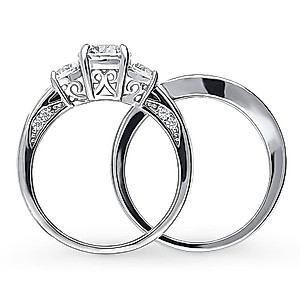 BERRICLE Sterling Silver 3-Stone Wedding Engagement Rings Round Cubic Zirconia CZ Ring Set for Women, Rhodium Plated Size 6.5