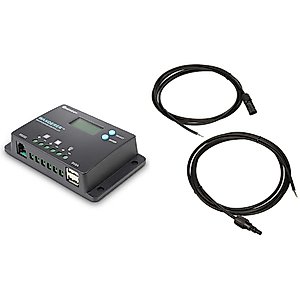 Renogy 10 Amp 12V/24V PWM Negative Ground Solar Charge Controller Compact Design w/LCD Display, Wanderer 10A & RNG-AK-10FT-12 Adaptor kit 10ft. 12 AWG Solar Cable PV