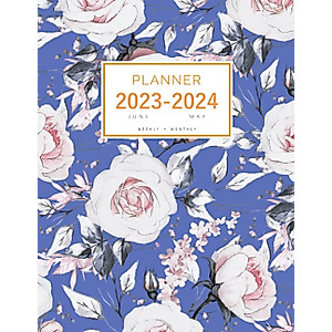 Planner 2023-2024: 8.5 x 11 Weekly and Monthly Organizer from June 2023 to May 2024 | Beautiful Drawing Rose Flower Design Blue
