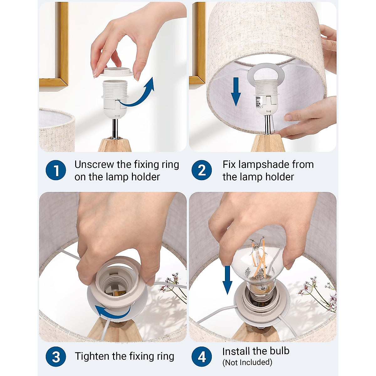 DEWENWILS Small Table Lamp, Boho Bedside Lamp with Linen Fabric Shade, Wood Tripod Nightstand Lamp for Living Room, Nursery, Bedroom, Kids Room, Side Table, 14.2 Inch, ON/Off Switch