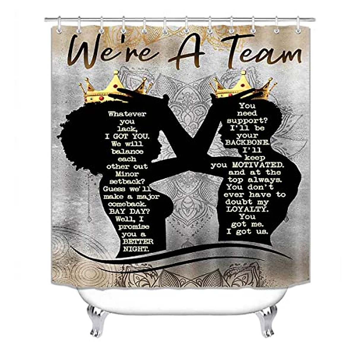 Fashion_Man OLEBETY 4PCS African American Woman Man Shower Curtain Set, Romantic Afro Black Queen King Luxury Gold Crown Grey Mandala Flower Inspirational Quotes Bathroom Decor, Non-slip Bath Rugs