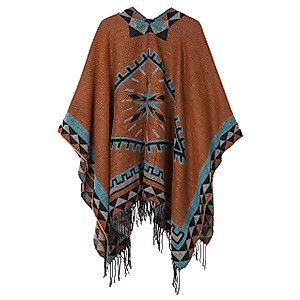 Women's Warm Shawls Wraps Open Front Cardigan Vintage Pattern Poncho Cape Sweater Coat (5 Orange)