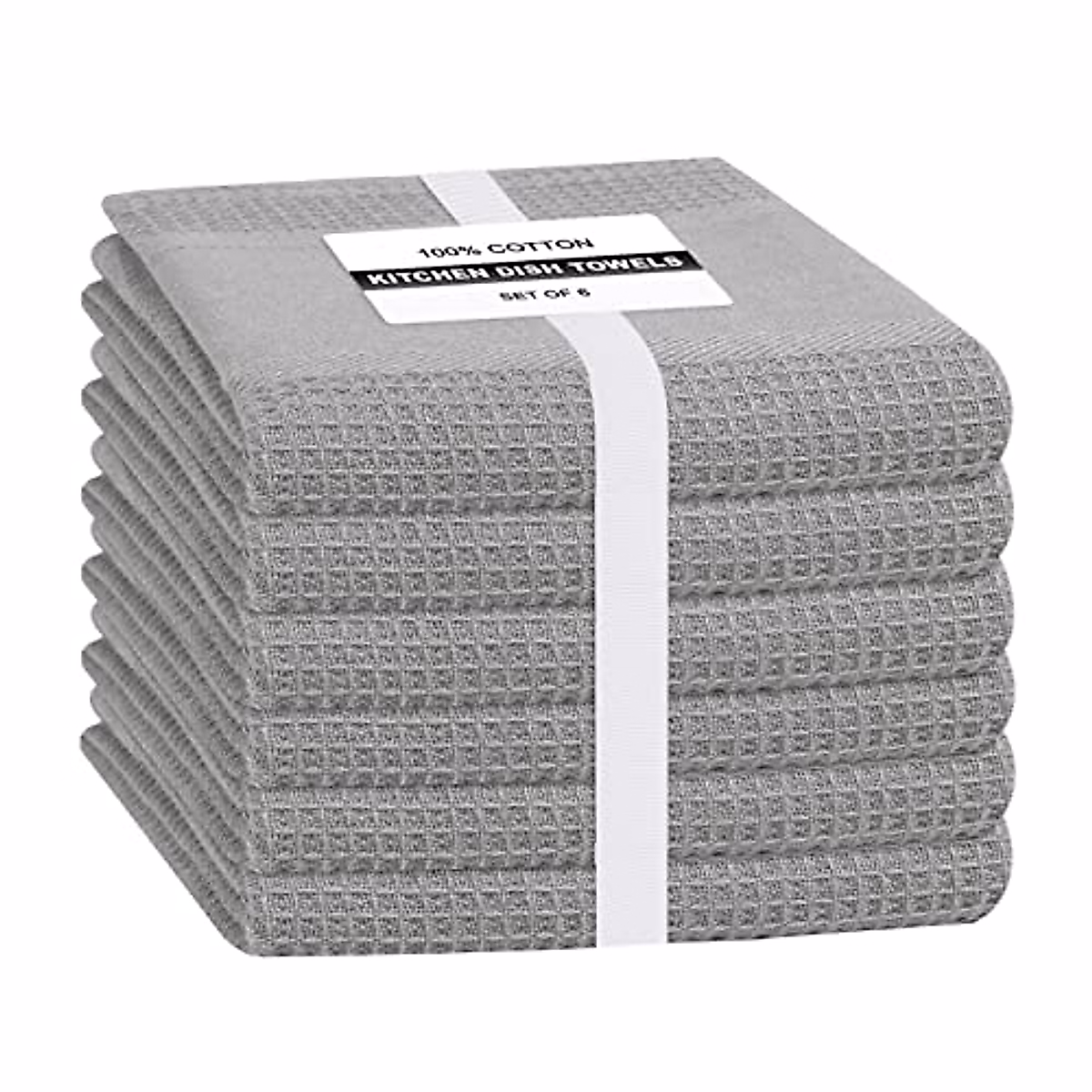Linen Hub 100% Cotton Waffle Kitchen Dish Towels 16x26 Oversized, Absorbent Durable Washable, Tea Towels, Dish Cloths, Bar Towels, Cleaning Towels, Kitchen Towels with Hanging Loop - Set of 6 Grey
