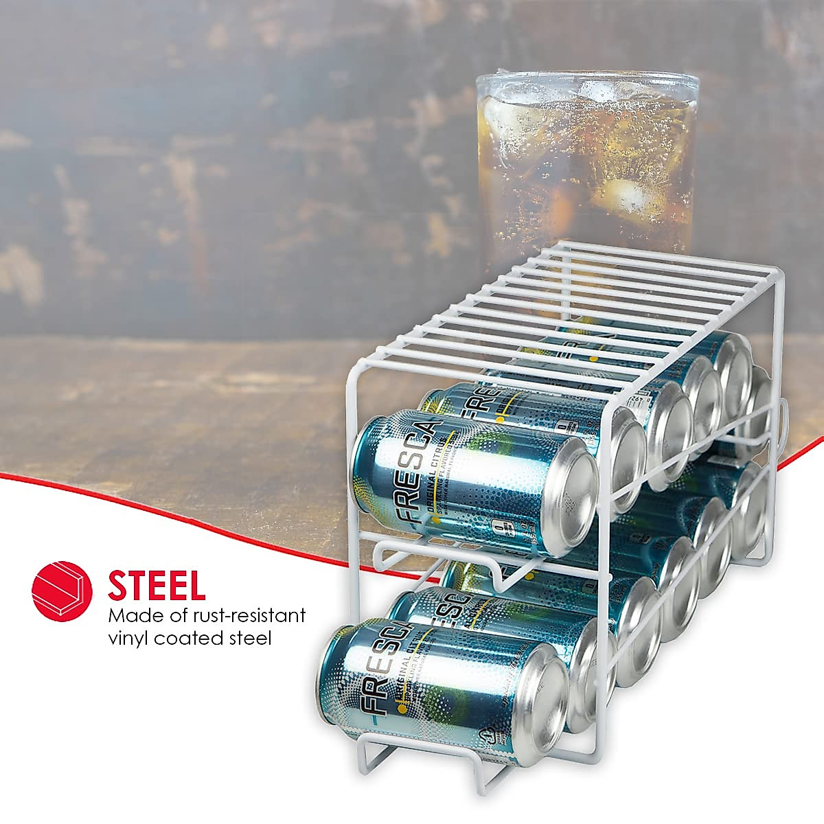 Home Basics Soda Can Beverage Dispenser Rack for Cabinet, Pantry, or Refrigerator – Dispenses 12 Standard Size 12 oz Soda Cans and 12 oz Canned Foods, White Finish