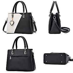 Womens Leather Handbags Purse Top-handle Bags Contrast Color Stitching Totes Satchel Shoulder Bag for Ladies Black