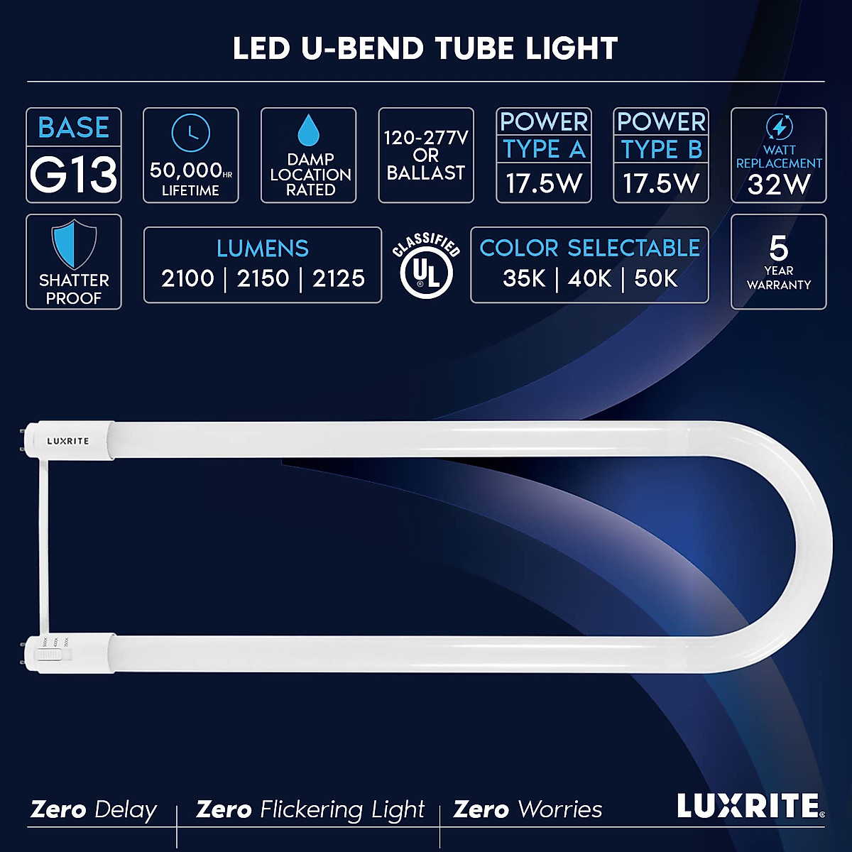 Luxrite U Bend LED Tube Light, T8 T12, 17.5W (32W Equivalent), 3 Colors 3500K | 4000K | 5000K, 2100 Lumens, Fluorescent Light Tube Replacement, Direct or Ballast Bypass, UL Certified, G13 Base, 2-Pack