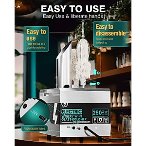 WantJoin Wine Glass Polisher Machine - 2 Brushes 250 Cups/Hour Commercial Electric Automatic Dryer with 304 Stainless Steel, 100% Cotton, 1150W High Power, 140°F Air Drying for Bar Restaurant Kitchen