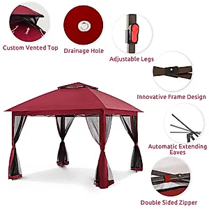 UDPATIO 11'x11' Pop up Gazebo Canopy Tent, Outdoor Patio Waterproof Gazebo with Mosquito Netting for Lawn, Garden, Backyard and Deck, Red