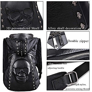 Chikencall Skull Backpack Hooded Skull Gothic Rucksack Rivet Studded Zipper Shoulder Purse Black Punk Metal 3D Stereo Daypack