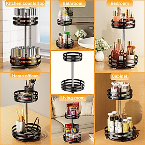 2 Tier Lazy Susan Organizer Metal Steel, Turntable Organizer for Table, Rotating Spice Rack Organizer for Cabinet Pantry Kitchen Countertop, Non Skid Suction Base, 10 inch, Black
